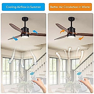 EKIZNSN 52 Inch Outdoor Ceiling Fans for Patios with Light and Remote Control, DC Motor, 3 Reversible Walnut Wood Blades