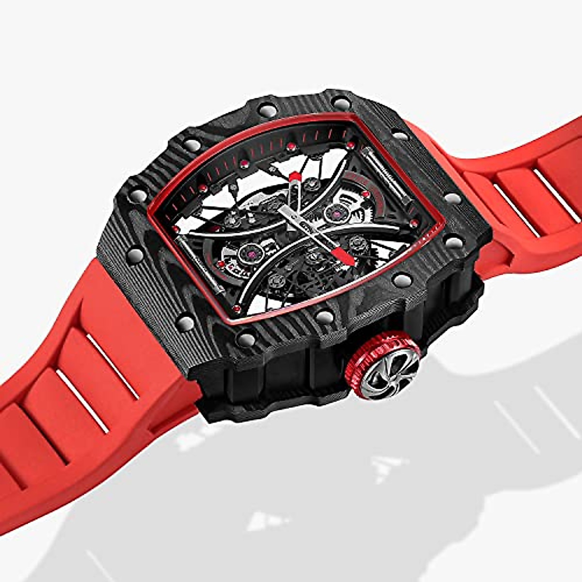 FEICE Watches for Men Automatic Skeleton Watch Waterproof Sapphire Crystal Japanese Movement Mens Wristwatch with Carbon Fiber Strap Anti Shock Business Watch FM602 B_Red