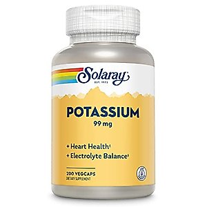 Solaray Potassium 99 mg, Fluid and Electrolyte Balance Formula, Potassium Supplement for Muscle, Nerve, Cellular and Heart Health Support, 60-Day Money Back Guarantee, 200 Servings, 200 VegCaps