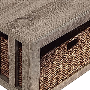 Walker Edison Alayna Mission Style Two Tier Coffee Table with Rattan Storage Baskets, 40 Inch, Driftwood