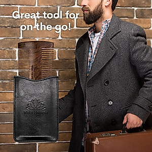 Beard Comb for Men, Wooden Natural Sandalwood, Fine Dual Action Teeth Beard Comb, Handmade Premium Sandal Wood, Fine & Coarse Tooth Perfect for Balms and Oils, Includes PU Leather Case, Pocket Size