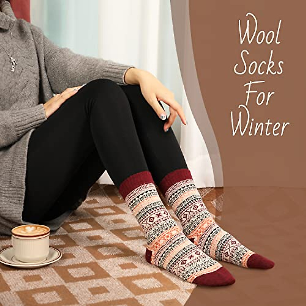 Loiyadn Loyaidn 5 Pairs Wool Socks for Women - Thick Soft Winter Socks for Women, Multicolored Winter Warm Boot Socks for Women Men