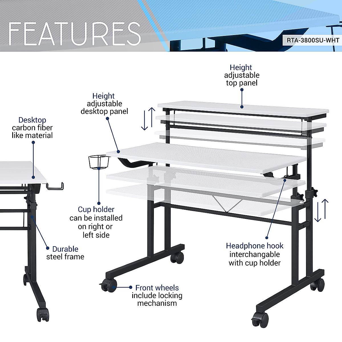 LKKRO Rolling Writing Desk with Height Adjustable Desktop and Moveable Shelf, White