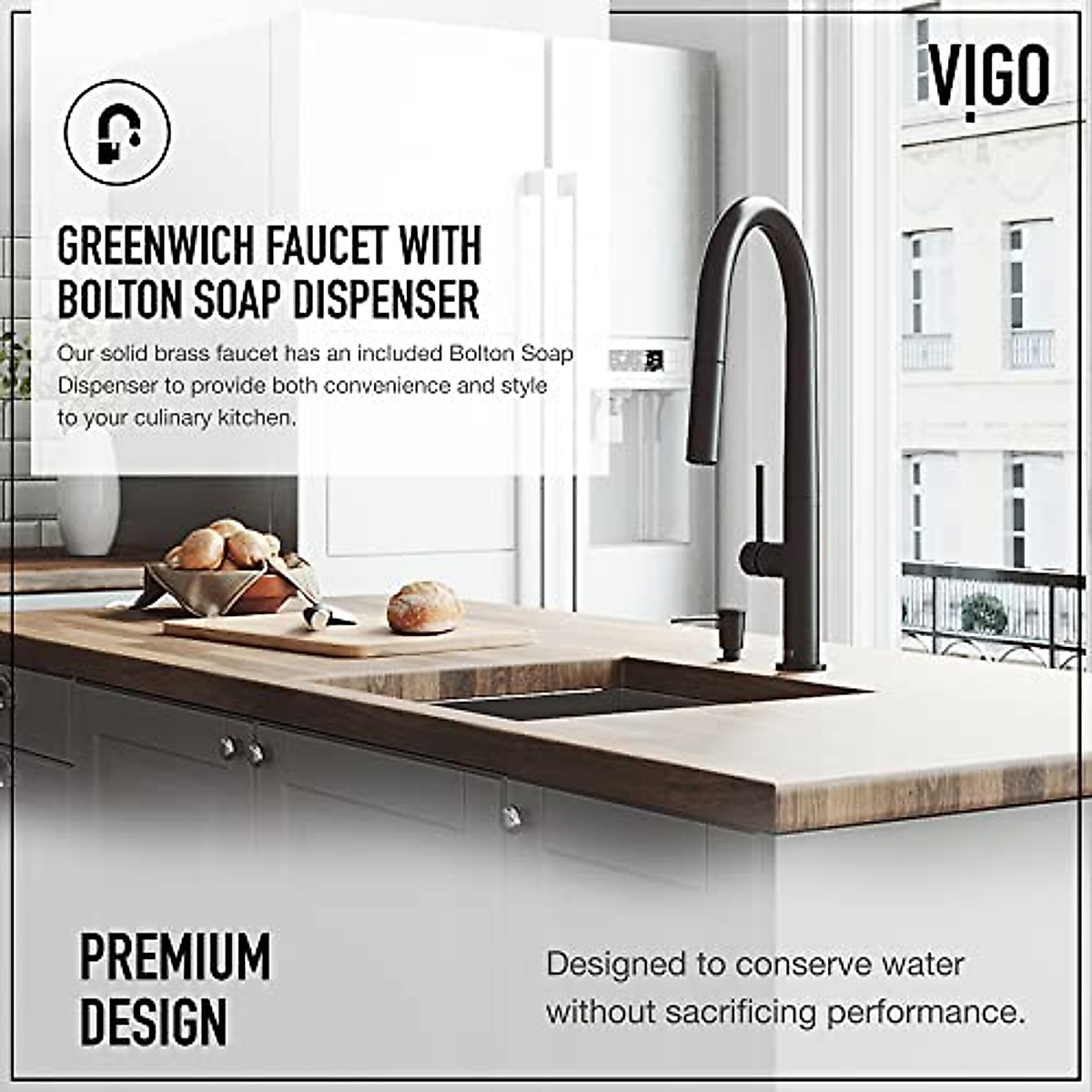 VIGO Greenwich Matte Black Kitchen Faucet with Pull-Down Sprayer | Solid Brass Faucet for Kitchen Sink with Bolton Soap Dispenser | Single-Handle Kitchen Sink Faucet with Swivel Sink Sprayer