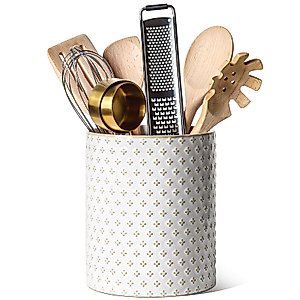 LE TAUCI Utensil Holder, 7.1" Ceramic Kitchen Utensil Holder for Counter top, Embossed Cooking Utensil Organizer for Spatula & Spoon, Kitchen Decor, Set of 1, Arctic White, Clover