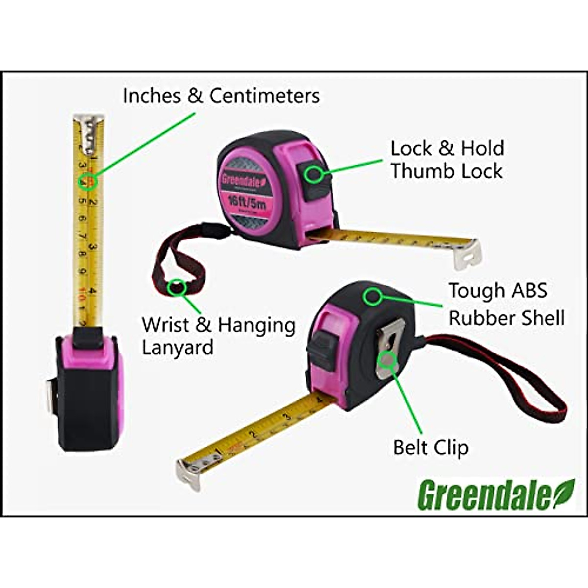 Greendale - 4 Pack of Pink 16ft Tape Measures - Retractable, Autowind and Easy Lock - Inches and Centimeters