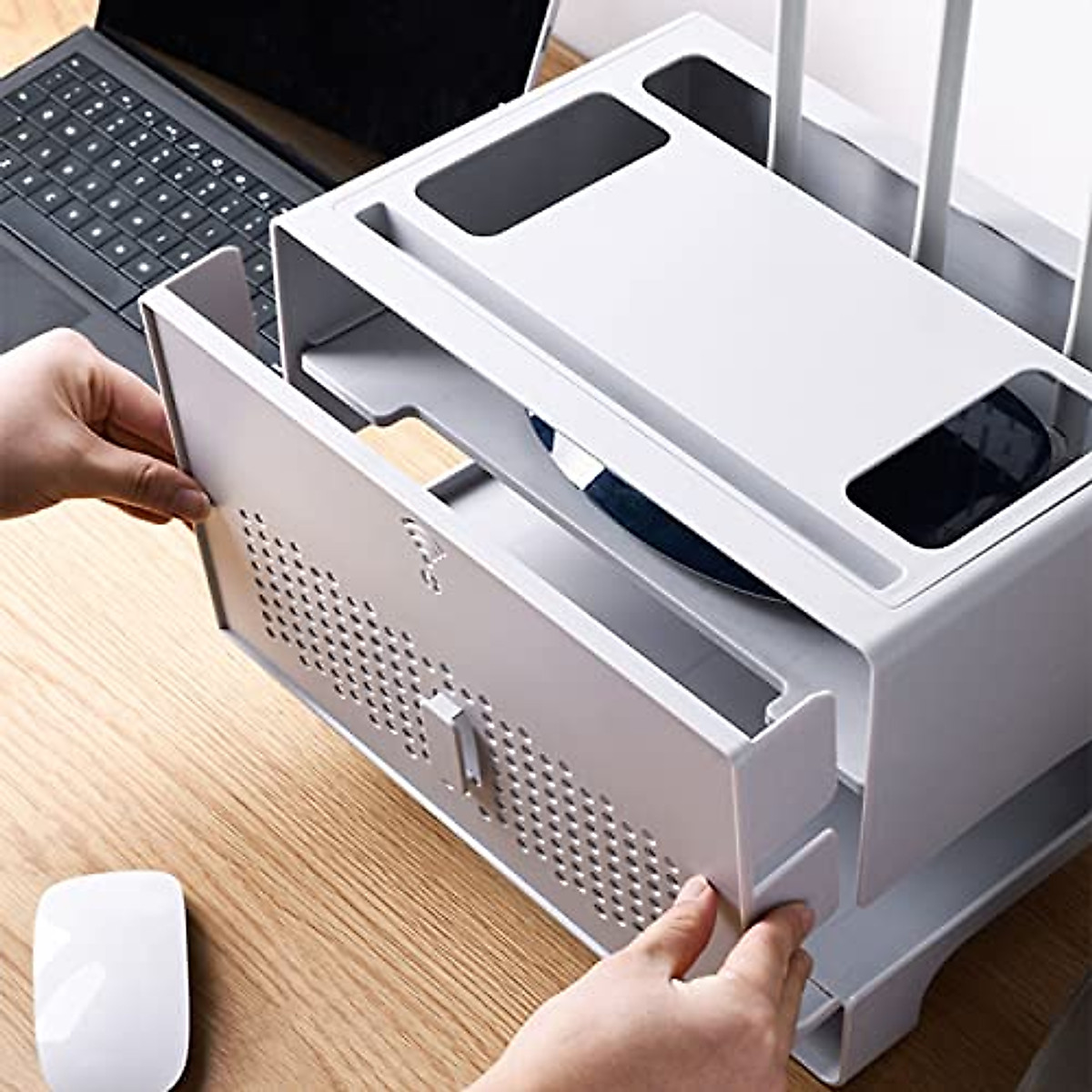 RDBSMGX Multi-Function Router Storage Box Double-Layer Design Router Storage Box Panel Hollow and Breathable Abs Material Removable Front Panel Multiple Openings on The Top Design