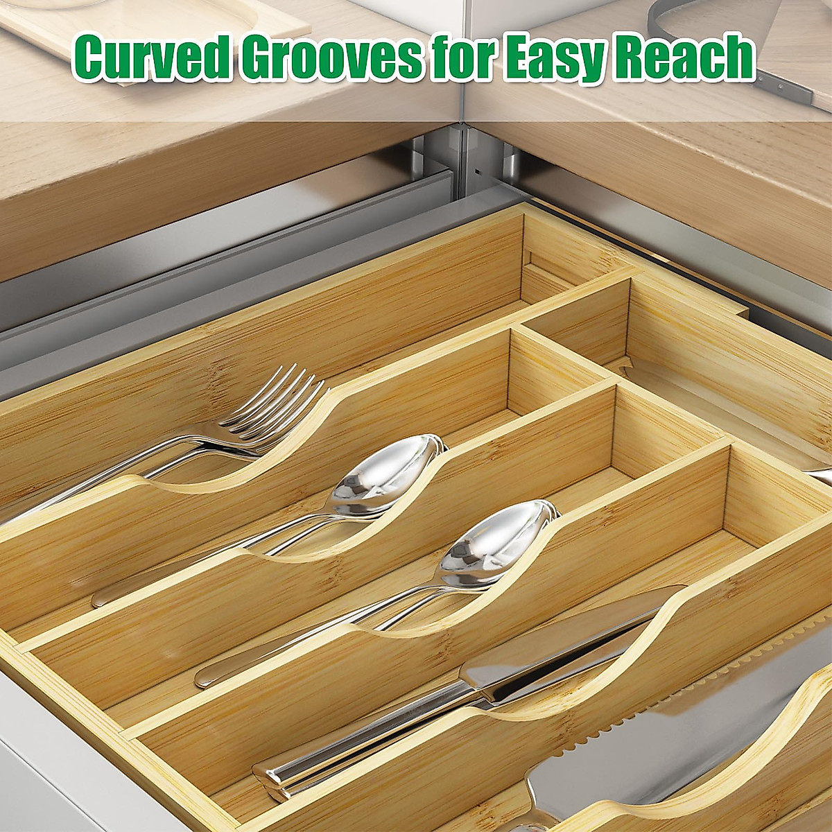 BAMBUROBA Drawer Dividers Silverware Tray Expandable Utensil Cutlery Tray Bamboo Wooden Adjustable 4 Compartments Flatware Organizer Kitchen Storage Holder for Knives Forks Spoons