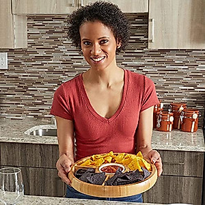 Bamboo Charcuterie Board/Cheese Board Chip and Dip Divided Bowl/Serving Platter with Ceramic Center Bowl/Dip Cup