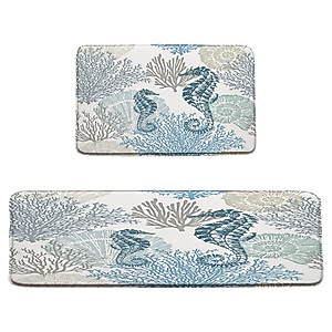 RDRUVA 2 Piece Nautical Coastal Kitchen Rugs Seahorse Bathroom Mat Ocean Animal Seashell Coral Watercolor Marine Themed Absorbent Floor Mats for Sink, Laundry,Kitchen (17.8"x29.5"+15.7"x47.2")