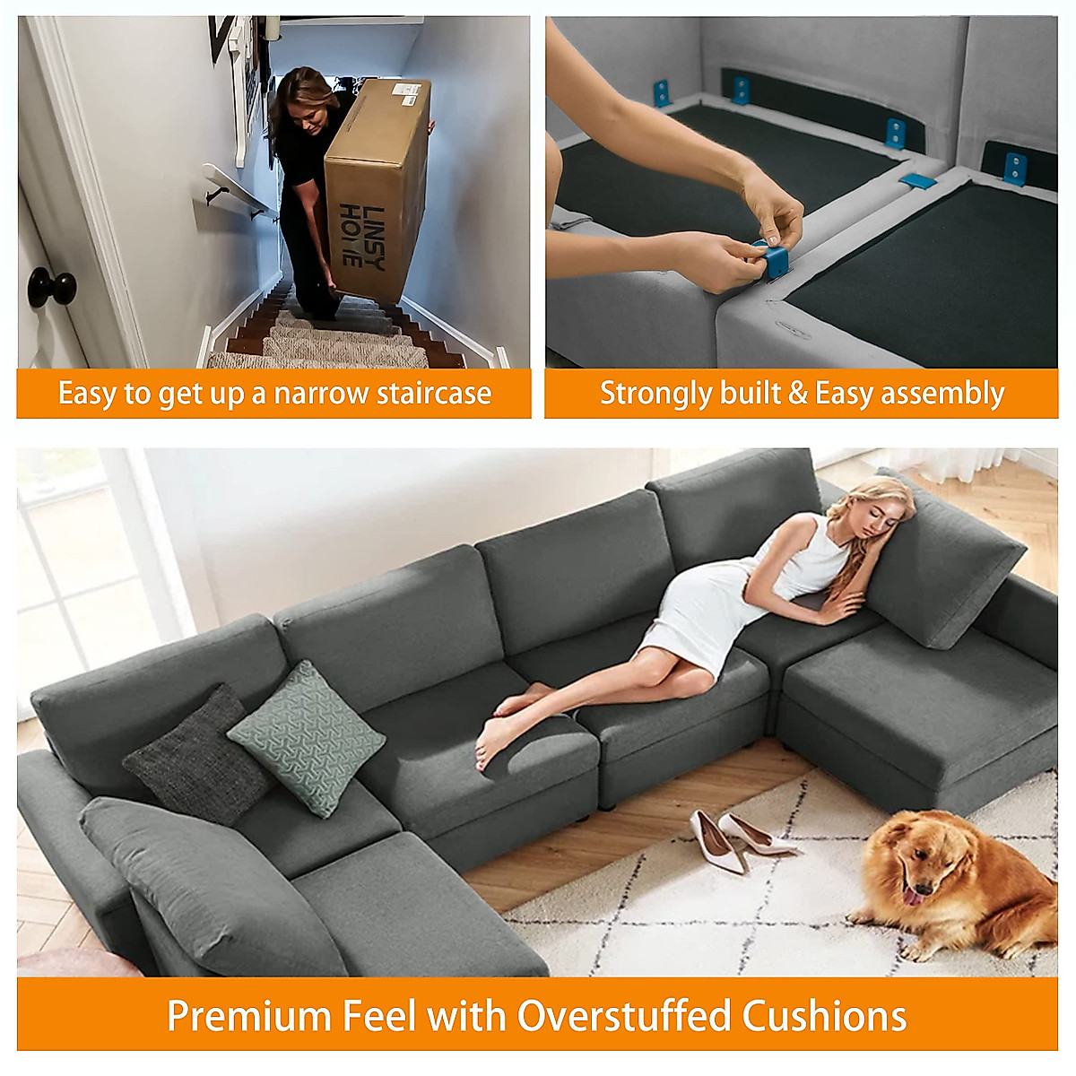 GOIRIE Modular Sofa, U Shaped Sectional Couch with Pull Out Bed, 6 Seat Pet-Friendly Modular Sectionals Sofas & Couches for Living Room, Memory Foam, Sofa Bed