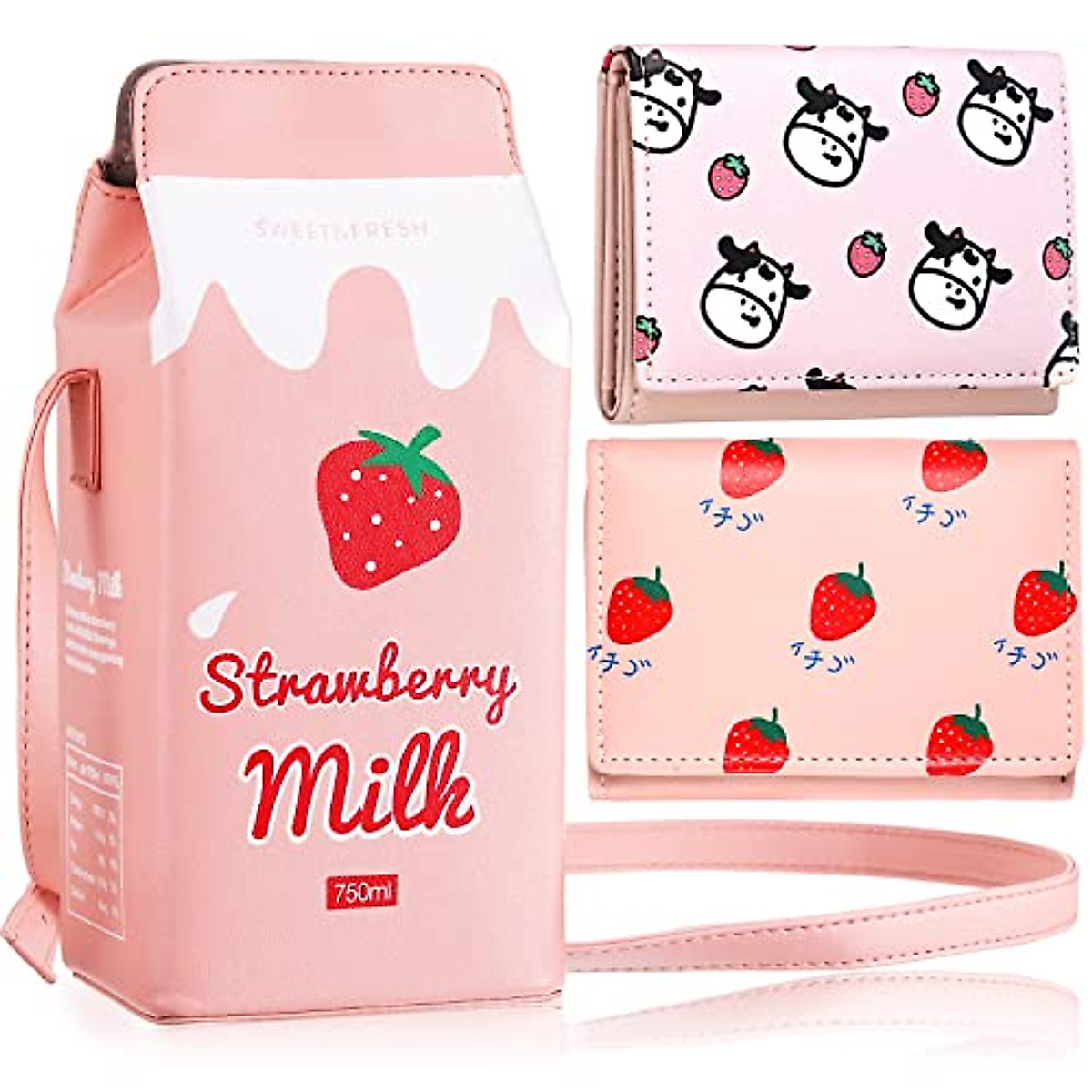 3 Pieces Kawaii Strawberry Milk Box Cross Body Purse Bag Cute Cow Strawberry Print Tri Folded Purse Pocket Phone Wallet Shoulder Bags ID Card Holder Fruit Novelty Purse Pink Girl Purse Shoulder Bags