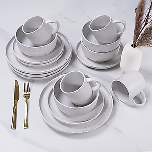 MTLWTL Dinnerware Sets, Dish Set for 4, 16 pieces Ceramic Plates and Bowls Set with Mugs, Microwave, Oven & Dishwasher Safe, White Speckled