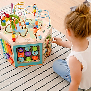 Teamson Kids Preschool Play Lab 7-in-1 Large Wooden Activity Cube Station Center Bead Maze and Counting for Kids Baby Toys, Natural