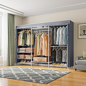 VIPEK V10C Plus Portable Closet Heavy Duty Clothes Rack with Slid Basket, Covered Wardrobe Closet, Adjustable Closet Storage Rack, White Clothing Rack with Grey Oxford Fabric Cover 86.6"Lx17.3Wx76.4 H