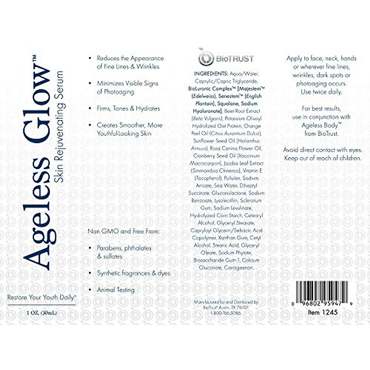 BioTrust Ageless Glow Anti Aging Moisturizer, Skin Brightening Serum with Vitamin C and Hyaluronic Acid, Plant-Based, Naturally Derived Facial Serum (1 fl oz.)