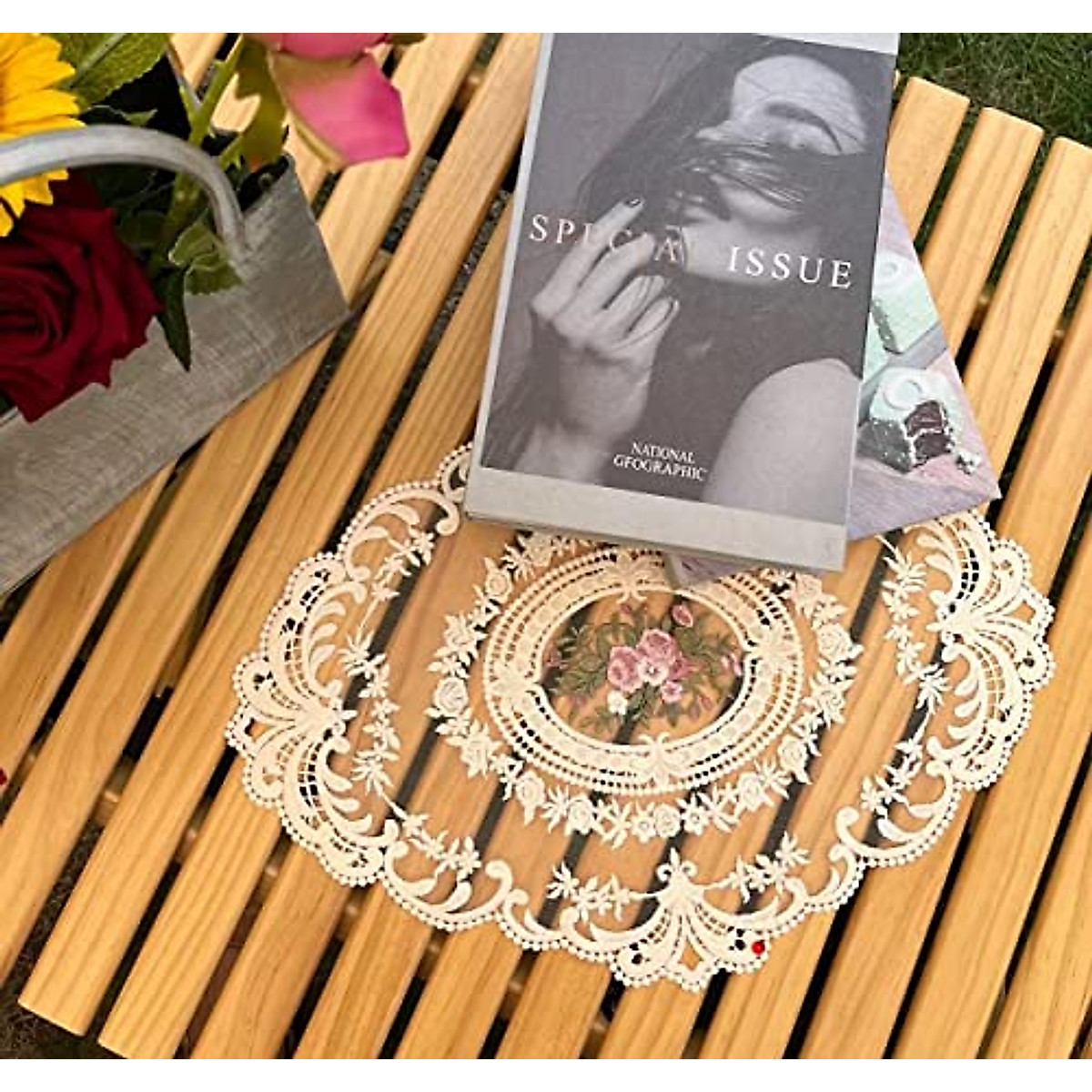 2PACK Retro French Style Lace Placemats Fashionable Embroidered Cup Mat vase mat 12”x16”,Beige