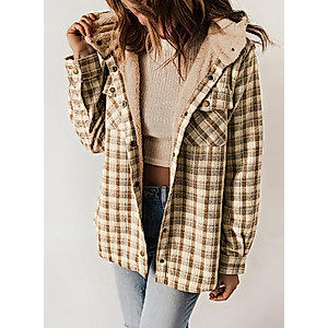 Dokotoo Shacket Jacket Women Fashion Plaid Oversized Hooded Long Sleeve Flannel Shirts Button Down Sherpa Coats Pocketed Casual Winter Fall 2024 Thick Fleece Lined Oversized Outerwear Khaki S
