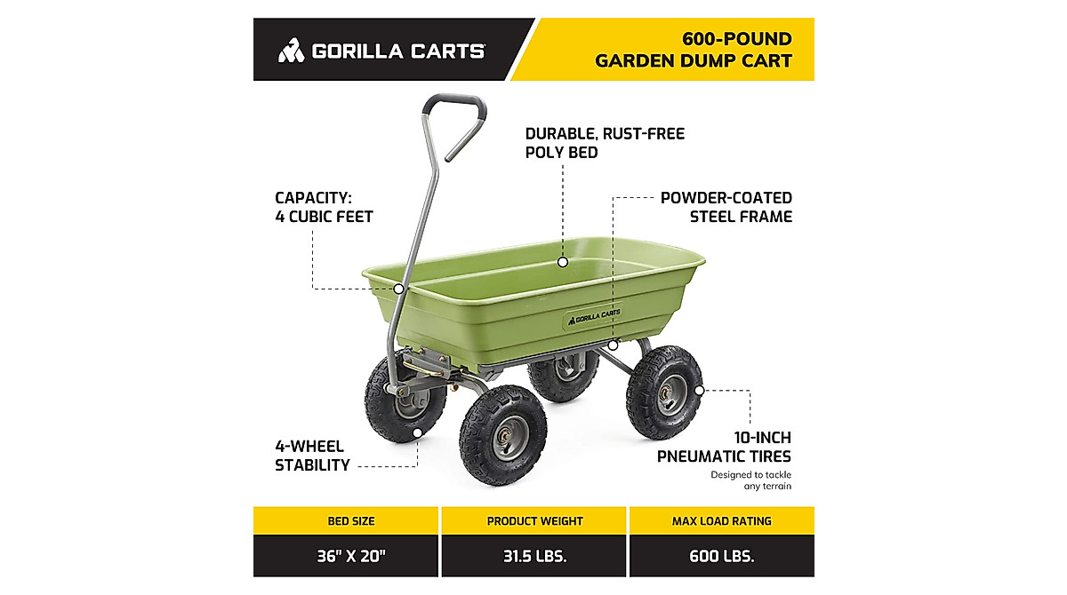 Gorilla Carts Heavy Duty Yard Dump Cart - 600 Lb Capacity