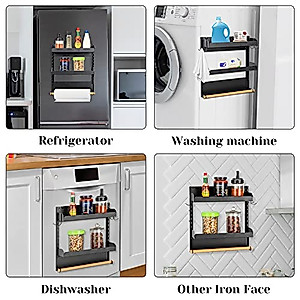 Fashionwu Magnetic Spice Rack, 2 Tier Magnetic Spice Organizer for Refrigerator, Magnetic Shelf with Paper Towel Holder for Kitchen Storage