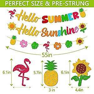 Hello Summer Hello Sunshine Banner for Summer Hawaiian Tropical Flamingo Pineapple Sunflower Beach Theme Holiday Happy Birthday Wedding Bachelorette Engagement Bridal Shower Party Supplies Glitter Decorations