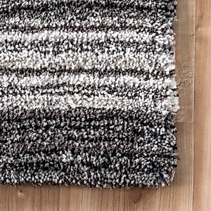 nuLOOM Drey Striped Shag Area Rug - 6 Round Shag Area Rug Casual Gray Multi/Brown Rugs for Living Room Bedroom Dining Room Nursery