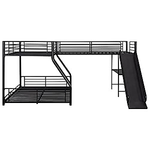 BIADNBZ L-Shaped Triple Bunk Bed, Twin Over Full Metal Bunkbed for 3 Kids Adults with Twin Loft Bedframe, Built-in Desk and Slide for Dorm,Bedroom,Guest Room,Black