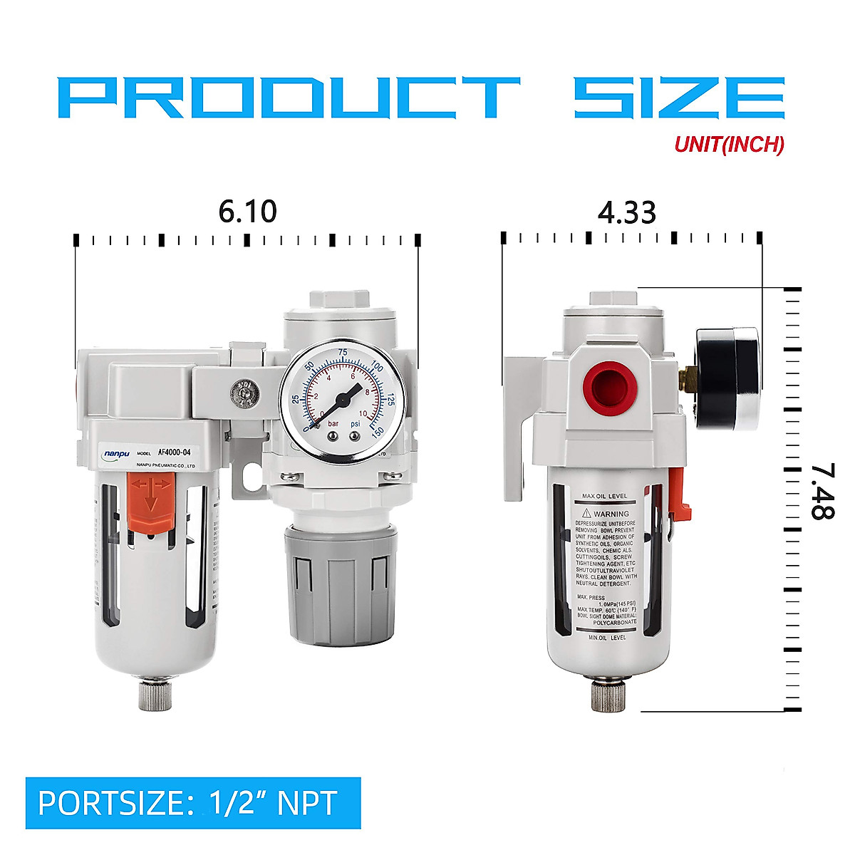 NANPU 1/2" NPT Compressed Air Filter Regulator Combo Piggyback, 5 Micron Element, Poly Bowl, Semi-Auto Drain, Bracket, Gauge (ARF4000)