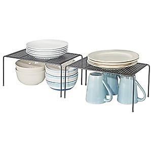 mDesign Small Raised Metal Kitchen Pantry Stacking Plate Organizer Storage Shelves, Cabinet Shelf Rack for Cupboard, or Cabinet - Store Food, Dishes, Bowls, Mugs, Concerto Collection, 2 Pack, Graphite