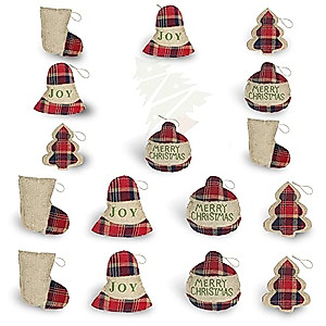 OWUYUXI 16 Pcs Burlap Christmas Ornaments 2020 Set, Funny Unique Mini Christmas Tree Ornaments Bulk, Rustic Christmas Decorations Clearance Decor, Small Red Plaid Christmas Stockings/Ball/Tree/Bell