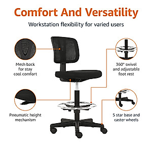 Amazon Basics Mid-back Mesh Office Drafting Chair Stool with Adjustable Footrest