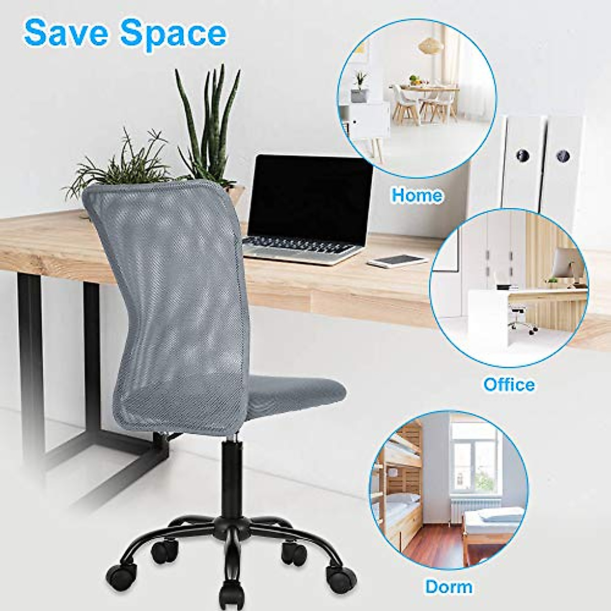 Simple Office Chair, Mesh Office Chair Armless Home Office Desk Chair Adjustable Computer Chair Task Rolling Swivel Chair for Working,Meeting,Reception Place, Grey