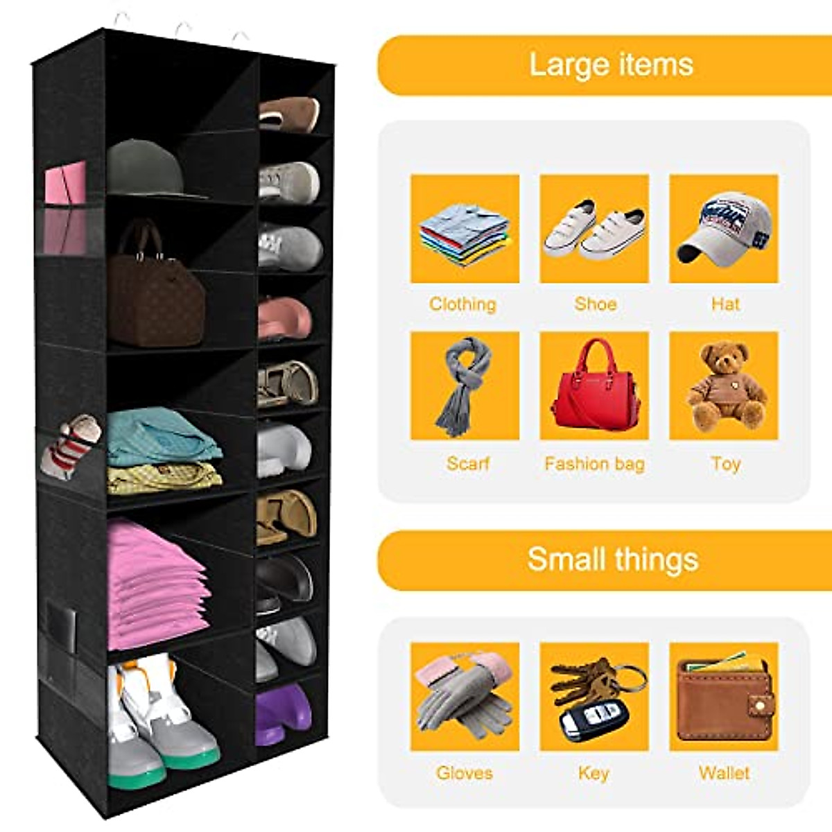 Libeder Shoe Organizer for Closet, 15 Shelf Hanging Closet Storage Shelves - 10 Shoe Rack Organizer and 5 Compartment for Clothes with 6 Side Mesh Pockets for Scarf, Socks,Gloves Black