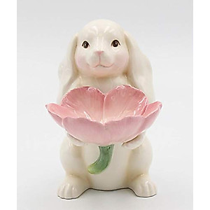 Fine Ceramic Bunny Rabbit Holding Pink Tulip Flowers Candy Candle Plate Figurine, 6-1/4" H