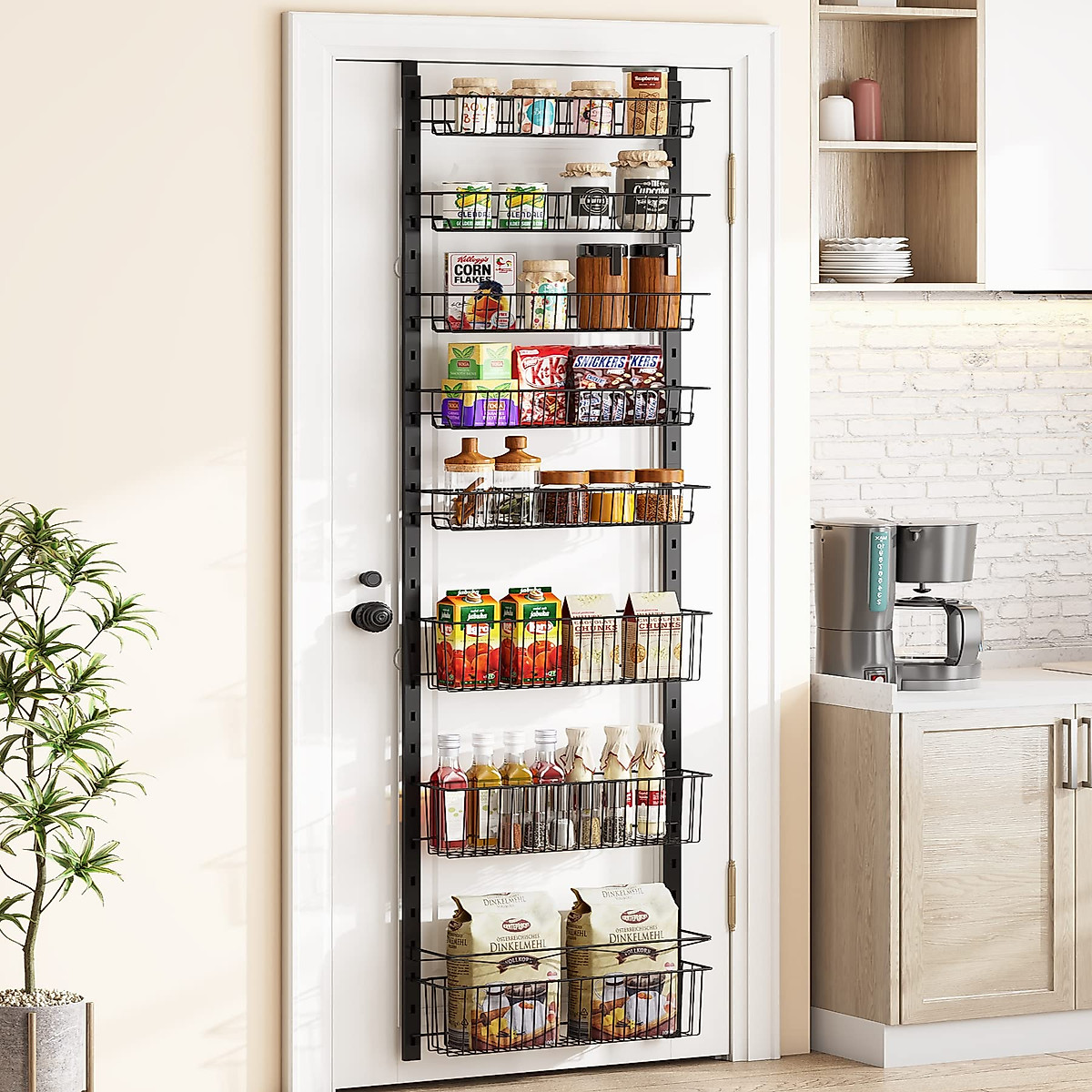 1Easylife Over the Door Pantry Organizer, 8-Tier Adjustable Baskets Pantry Organization and Storage, Metal Door Shelf with Detachable Frame, Space Saving Hanging Spice Rack for Kitchen Pantry Bathroom
