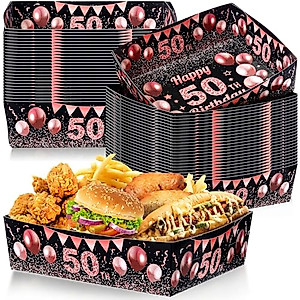Tenceur 50 Pcs 50th Birthday Party Supplies Trays 5 lb Black and Rose Gold Large Paper Boats for Food Disposable Snack Serving Nacho Trays for Men Women Happy 50 Years Birthday Party Supplies