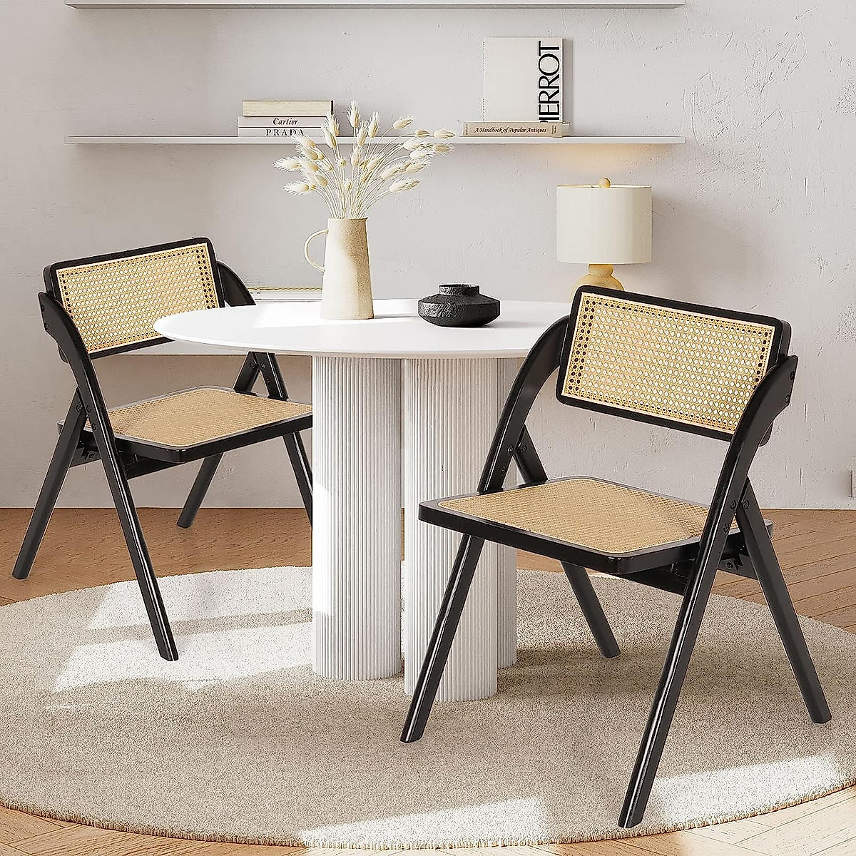 Folding Dining Chairs Set of 2, Foldable Wood Kitchen Chairs 100% Real Rattan Woven Seat and Back,Handmade for Living Room Bedroom, Garden Balcony, Easy Installation (Black)