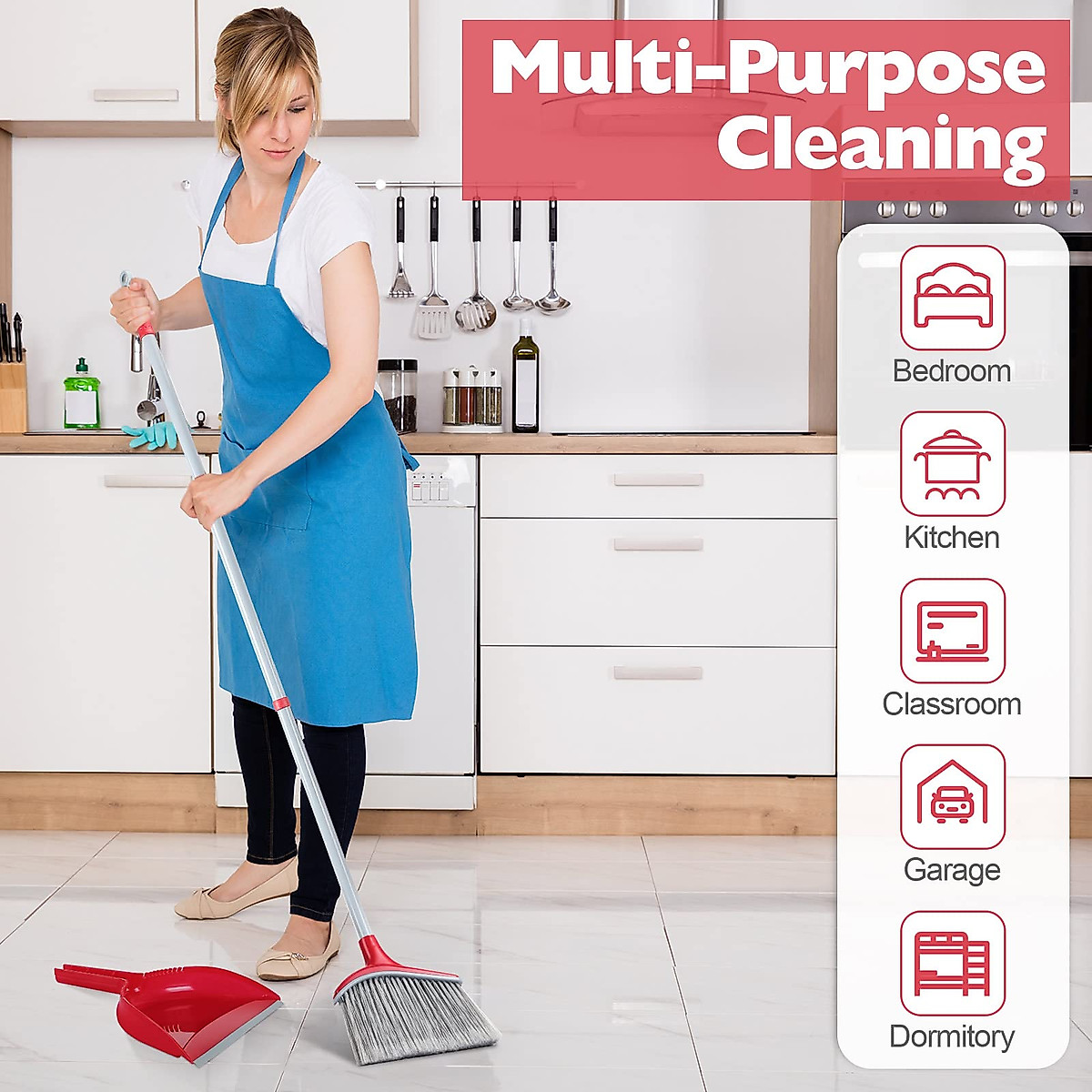 3 Pcs Broom and Dustpan Set 54 Inch Indoor Broom with Dust Pan Combo Set for Home Angle Broom and Dust Pan Kitchen Broom for Floor Cleaning