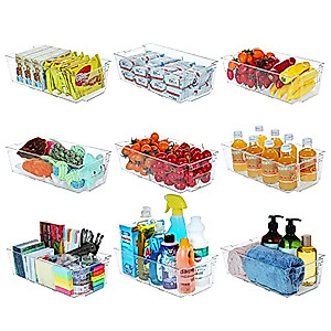 HERKKA Plastic Storage Organizer Container Bin with Dividers for Bathroom, Pantry, Kitchen Cabinet, Fridge, Office and Home Organization - 9 pack - 12.5 inch - Clear
