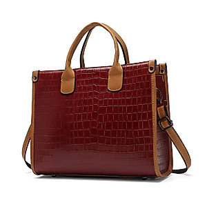 SHESTORY Women Genuine Leather Tote Handbag Shoulder Bag Women Crocodile Pattern Top-handle Purse (Wine)