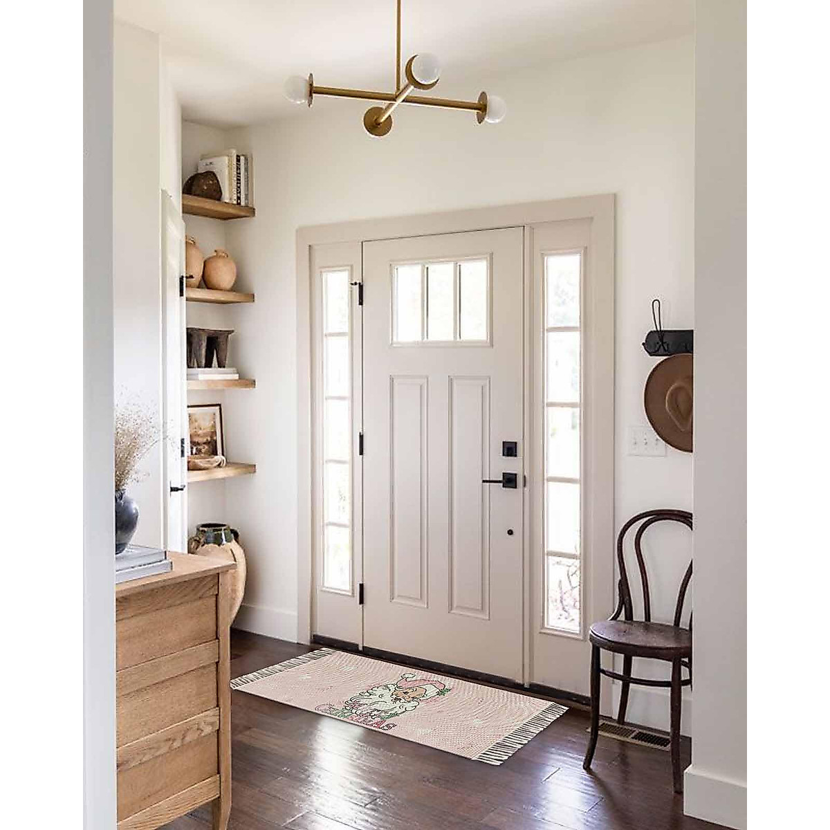 Runner Rug for Hallway 2x6ft, Merry Christmas Cute Pink Santa Washable Runner Rugs with Tassels Woven Floor Carpet Runners for Hallways Kitchen Laundry Entryway