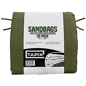 Empty Sandbags Military Green with Ties (Bundle of 20) 14" x 26" - Woven Polypropylene Sand Bags, Extra Heavy Duty Sandbags for Flooding, Sand Bags Flood Protection
