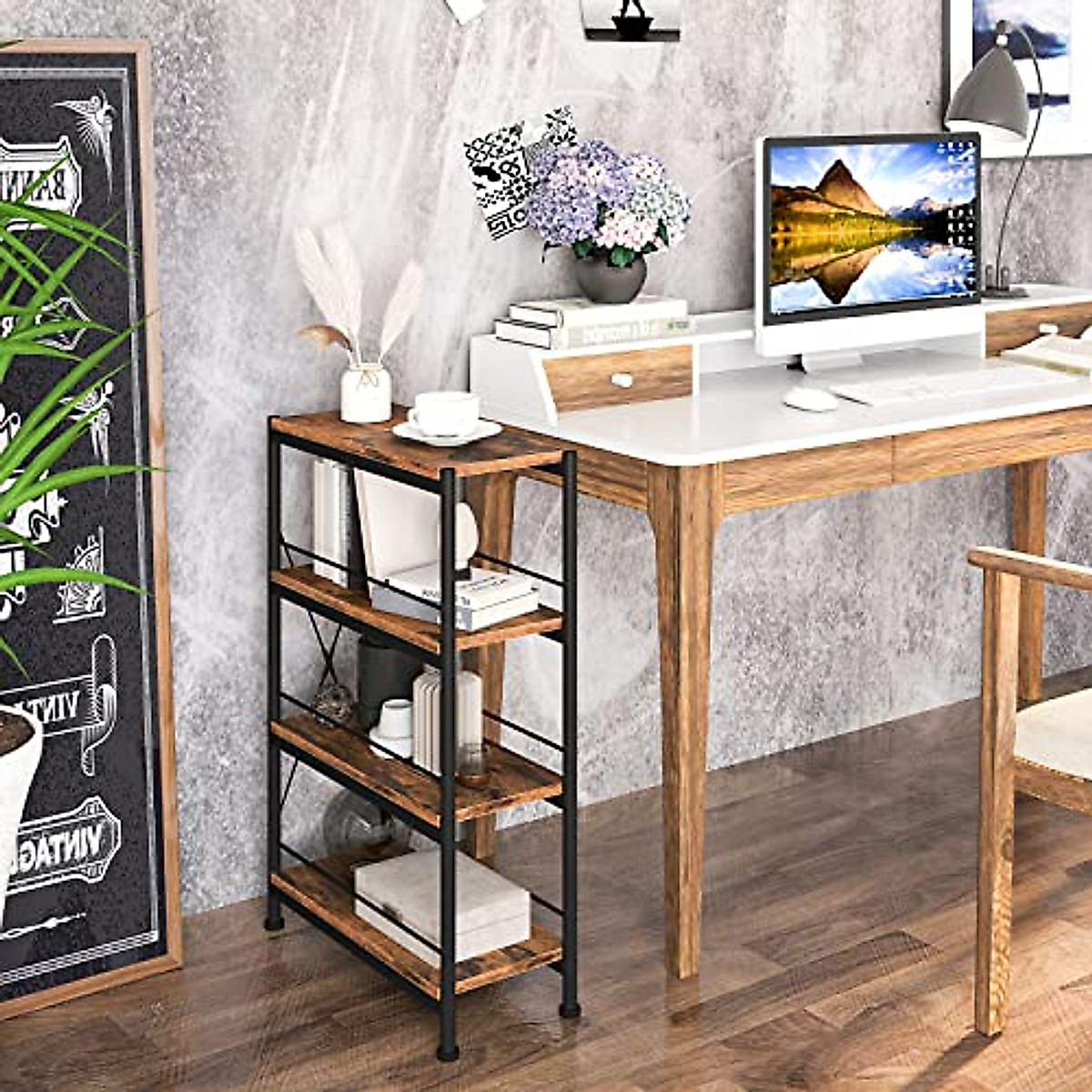 4 Tier Storage Shelves Small Narrow Shelf Unit Metal Shelves Shelf Free Standing Shelf Organisers Modern Shelf Ladder Shelf Bookshelf for Bathroom Kitchen Bedroom Hallway Steel & Wooden Black & Brown