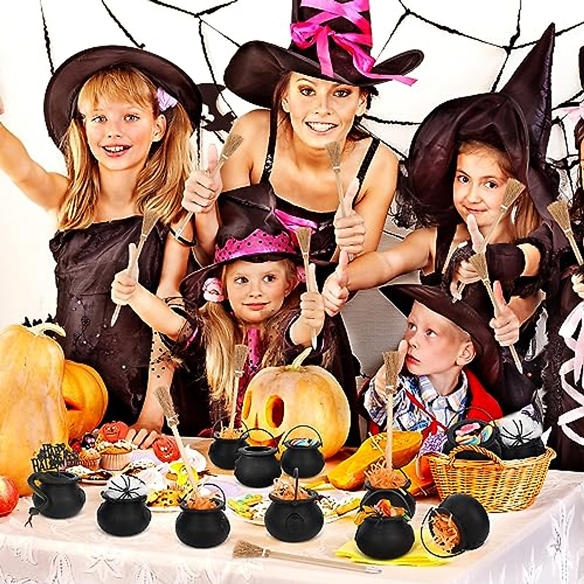 Libima Halloween Witch Theme Party Supplies Set Include Black Cauldron Kettle Witch Broom Pencils for Halloween with Small Packet Orange Tissue Confetti for Trick or Treat Party Favor (25)