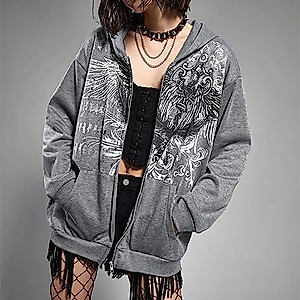 Winioder Women Y2K Zip Up Hoodie Vintage Graphic Oversized Hoodies Grunge Aesthetic Sweatshirt Jacket Skeleton Gothic Hoodie (B-Grey,X-Large)
