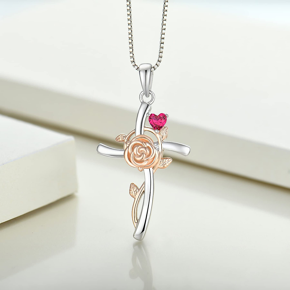YL Cross Necklace 925 Sterling Silver Flower Rose Crucifix Pendant Created Ruby Criss Jewelry for Women