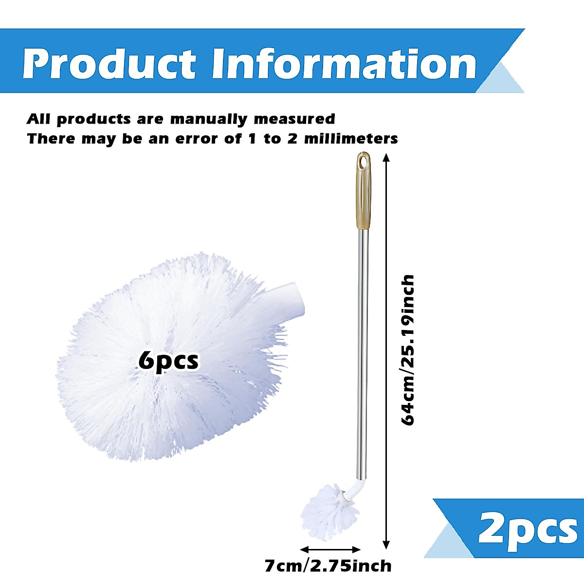 5 Gallon Water Jug Brush Cleaner, 2PCS Bottle Brush for 5 Gallon Jug 3 & 5 Gallon Bottle Cleaner Brush, Water Bucket Bottle Brush with 6 Replaceable 360° Spherical Brush Head, Stainless Steel Handle