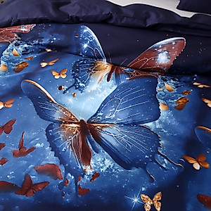 MAG 3pcs Butterfly Bedding Duvet Cover Set,Vintage Bedding Sets,Cute Duvet Cover Set for Toddler, Kids, Girls, Super Soft Microfiber (no Comforter) (Dark Blue, Twin)