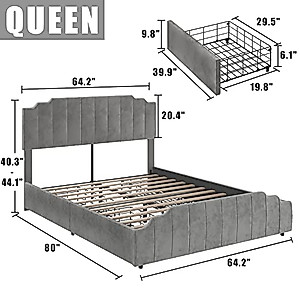 PaPaJet Queen Platform Bed Frame with 4 Storage Drawers Curved Upholstered Velvet Bed Frame with Adjustable Headboard, Wood Slat Support, No Box Spring Required, Mattress Foundation, Dark Grey