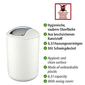 WENKO 21207100, Garbage Bin with Swing Lid, Bathroom Trash Can, Waste Basket for Small Spaces, Bedroom, Office, Guest Toilet,1.7 gal, White, 7.68 x 7.68 x 12.2 in, 19.5 x 19.5 x 31 cm